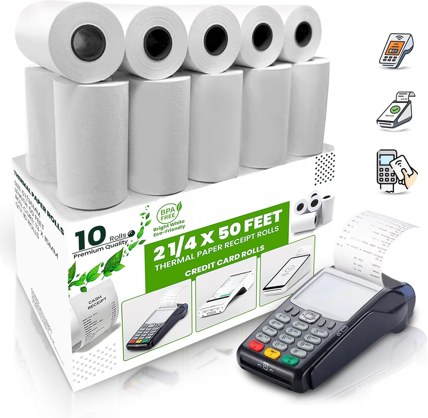 (10 Rolls) 2 1/4" x 50 Thermal Paper Rolls - BPA Free Credit Card ...
