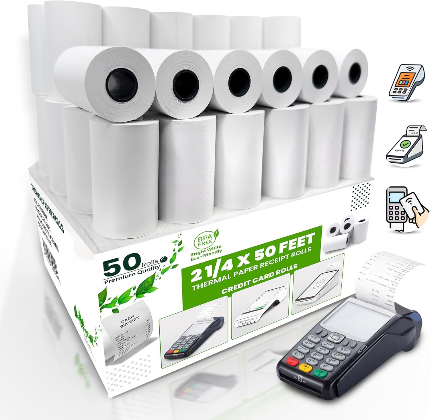 (50 Rolls) 2 1/4" x 50 Thermal Paper Rolls - BPA Free Credit Card ...